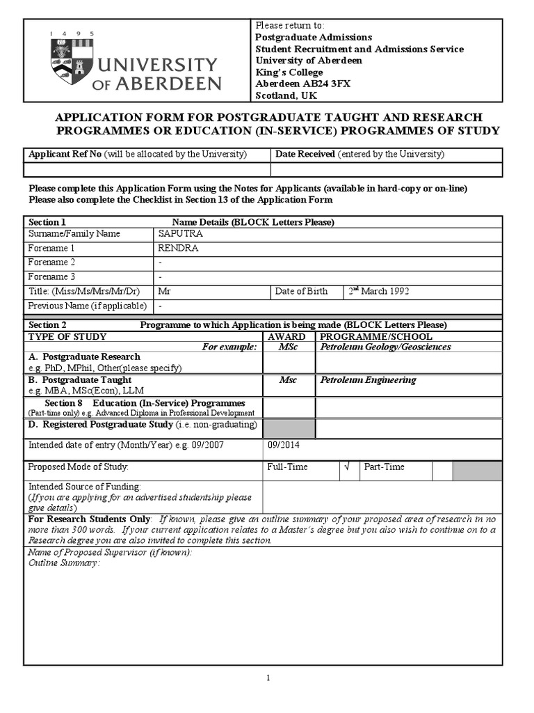Application Form For Postgraduate Taught and Research Programmes or ...