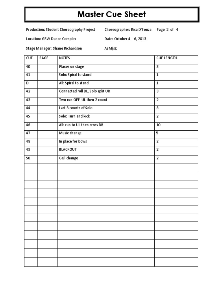 Master Cue Sheet for Dance Production | PDF | Art