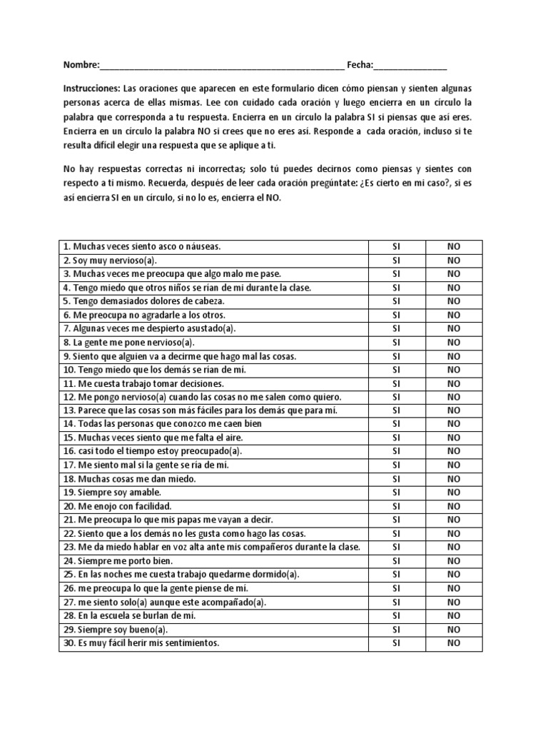 Escala de Ansiedad Manifestada en Niños Check List | PDF | Oración | Ocio