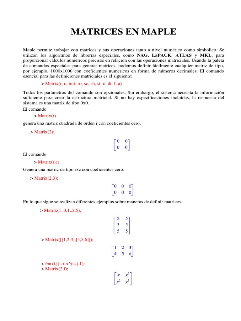 Matrices Maple | PDF | Matriz (Matemáticas) | Funciones y mapeos