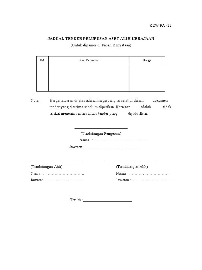 KEW (1) .PA-23 (Jadual Tender Pelupusan Aset Alih) | PDF