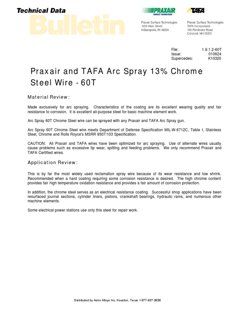 Tafa Arc Spray Wire 1.9.1.2-60T - Arc Spray 13% Chrome Steel | PDF ...