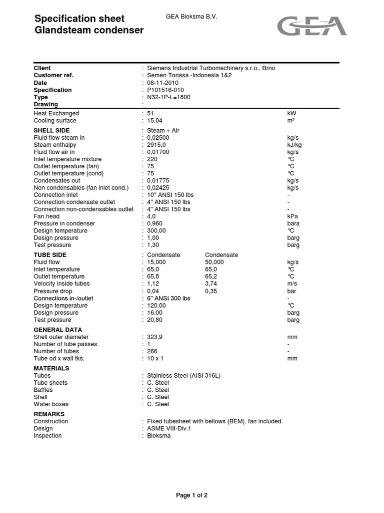 Gland Steam Condenser Specifications | PDF | Technology & Engineering