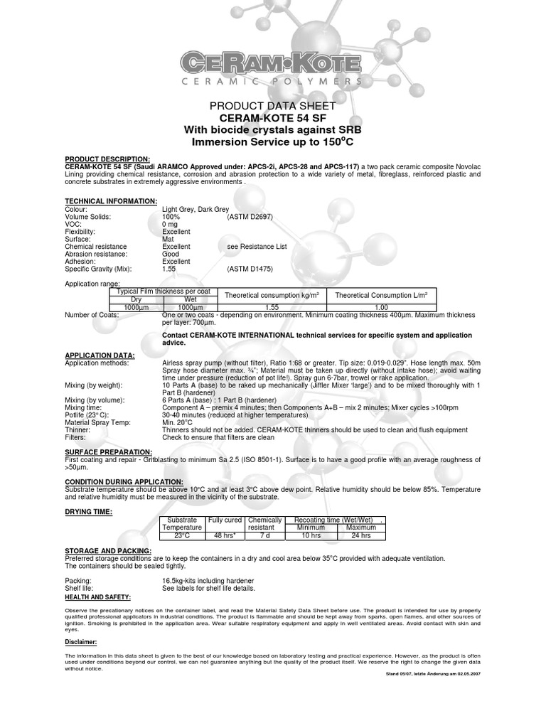 Ceram Kote 54 SF - ARAMCO Approved | PDF | Shelf Life | Humidity