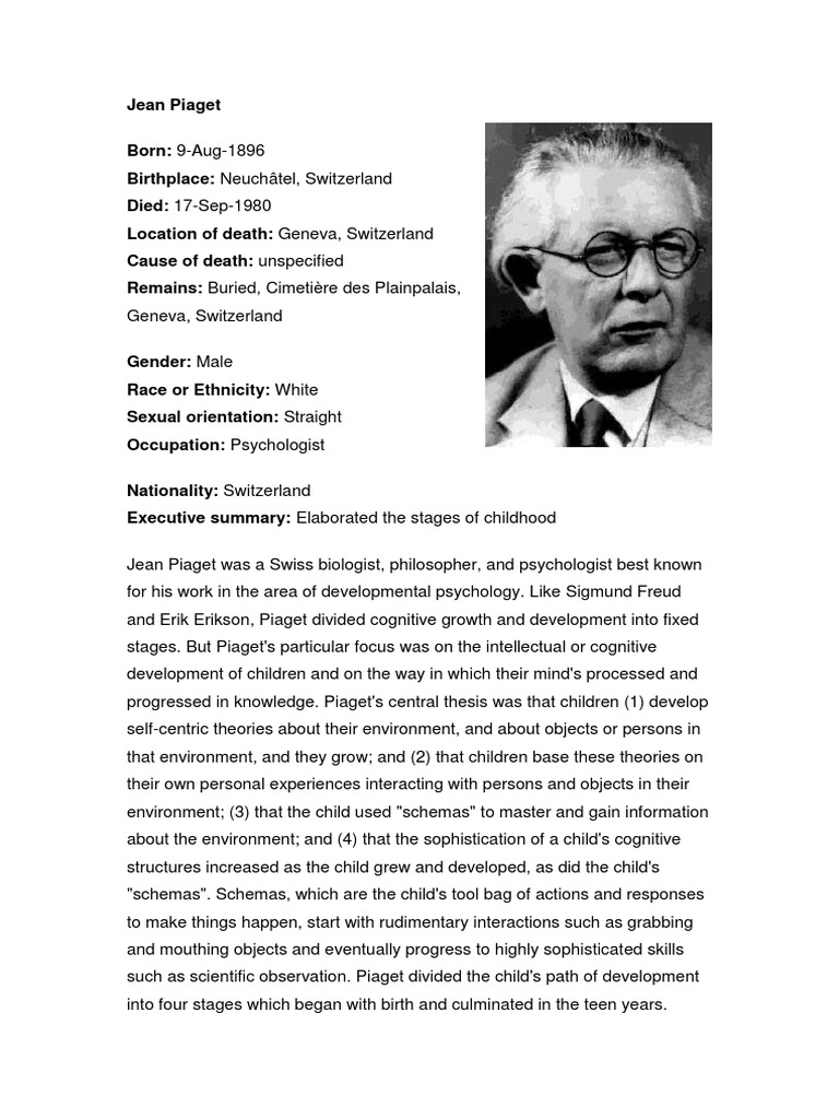 Jean Piaget Biodata | Cognitive Development | Neuropsychological Assessment