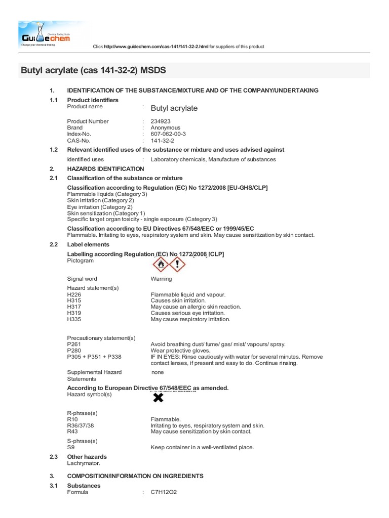 Butyl Acrylate (Cas 141-32-2) MSDS | PDF | Toxicity | Firefighting