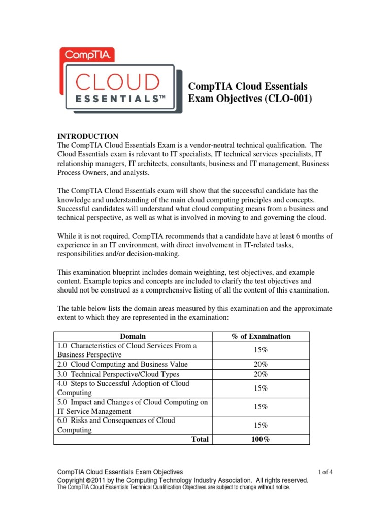 CompTIA Cloud Essentials Exam Objectives | PDF | Comp Tia | Cloud Computing