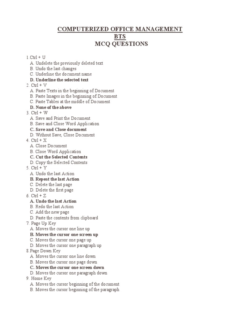 Office Management MCQs and Shortcuts | PDF | Microsoft Word | Microsoft ...