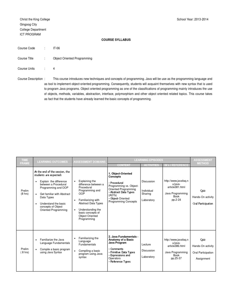 It 06 Object Oriented Programming Obe Syllabus Pdf Class Computer Programming Object 