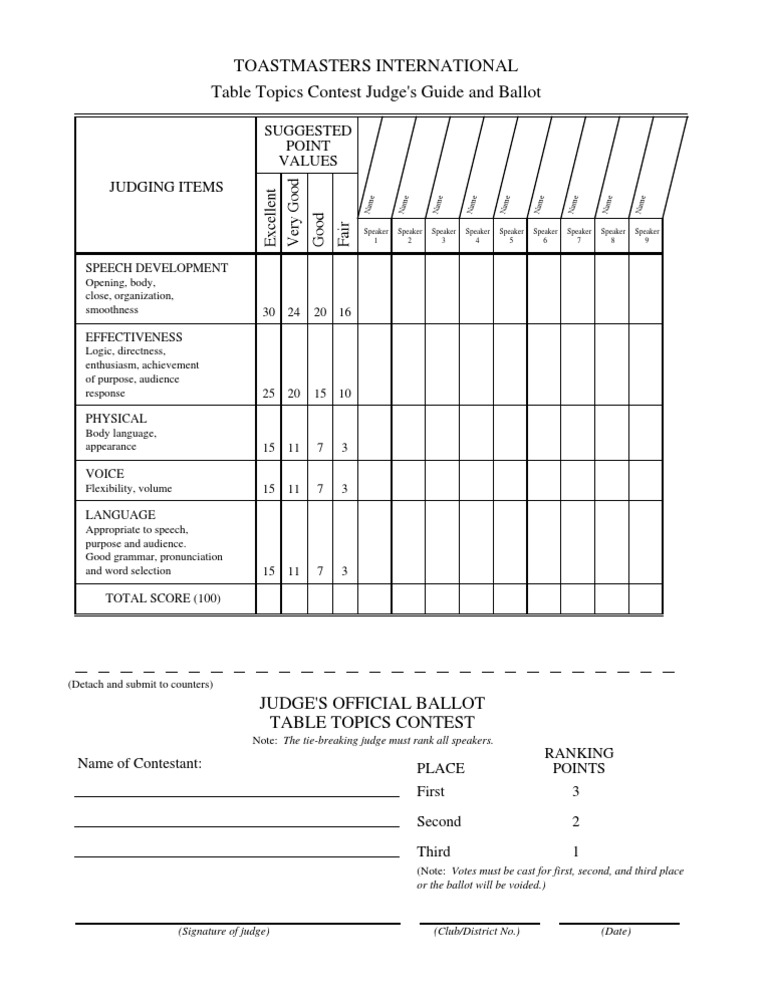 Table Topics Judging Form | Download Free PDF | Languages | Language ...