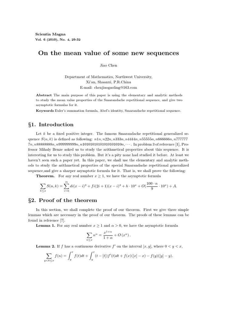 On The Mean Value of Some New Sequences | PDF | Theorem | Mathematical Proof