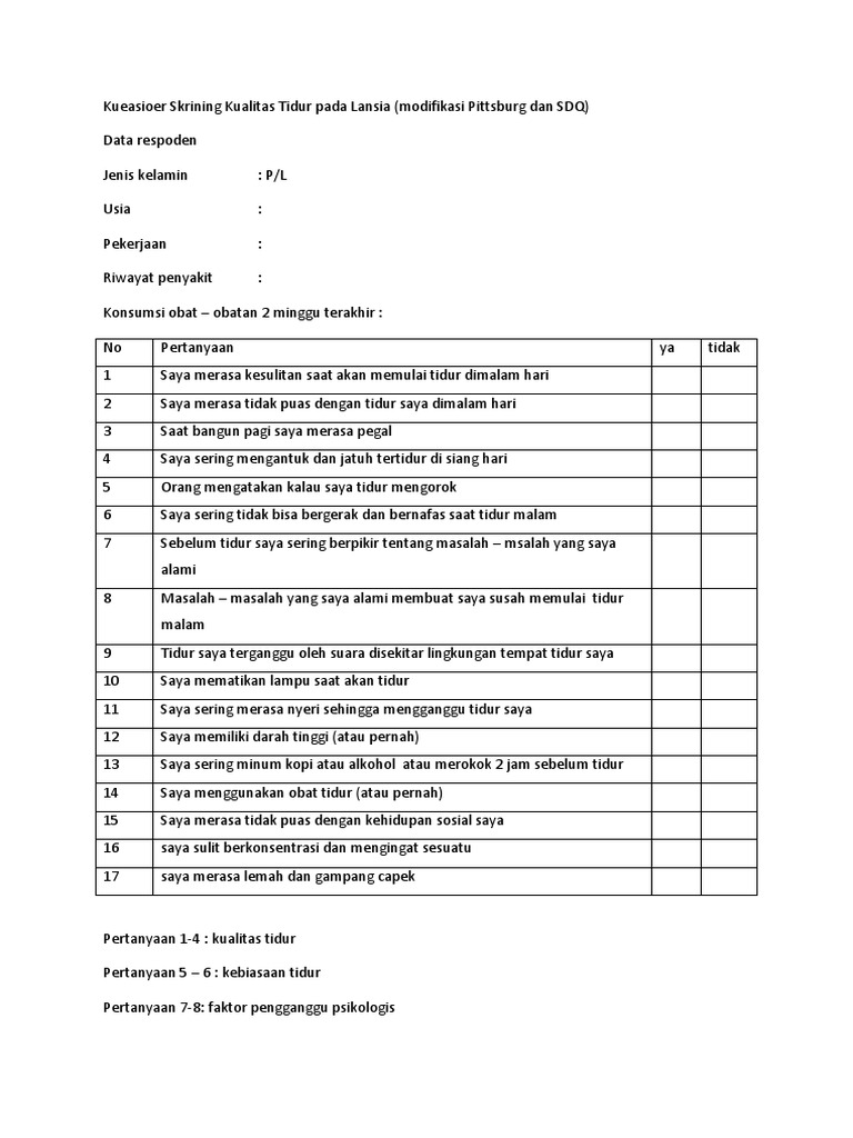 Kueasioer Skrining Kualitas Tidur Pada Lansia | PDF | Kesehatan Holistik | Gaya Hidup