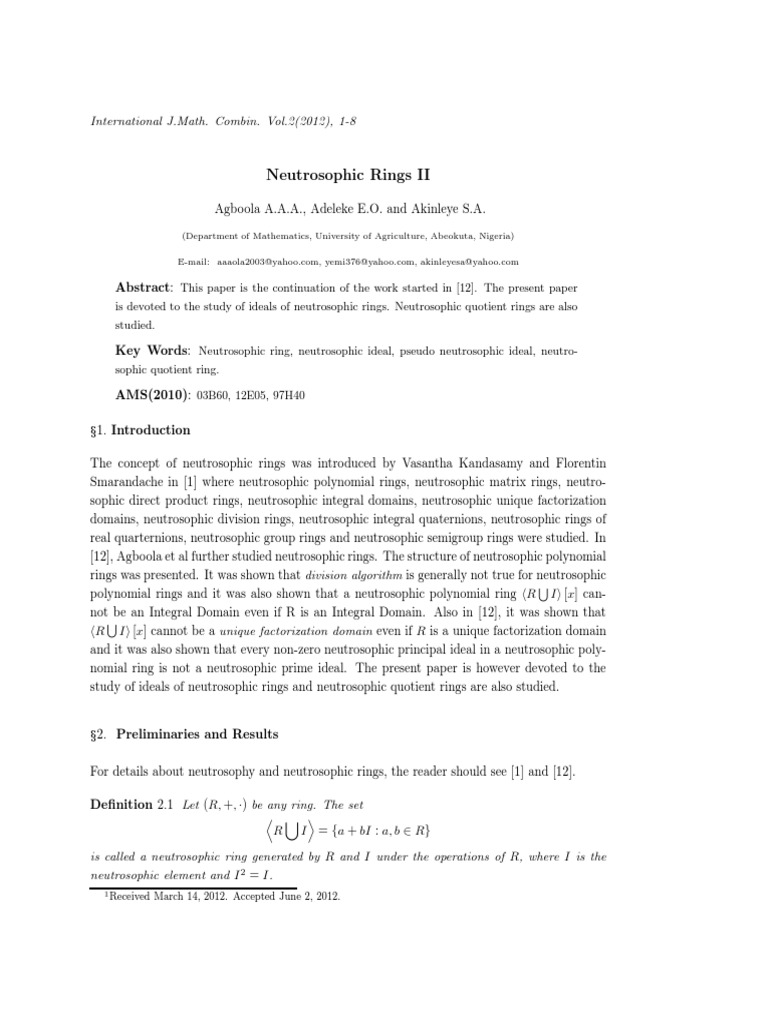 Neutrosophic Rings II | PDF | Ring (Mathematics) | Integer