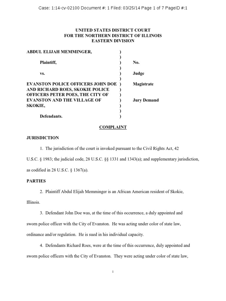 Memminger V Evanston Complaint | PDF | Intentional Infliction Of Emotional Distress | Complaint