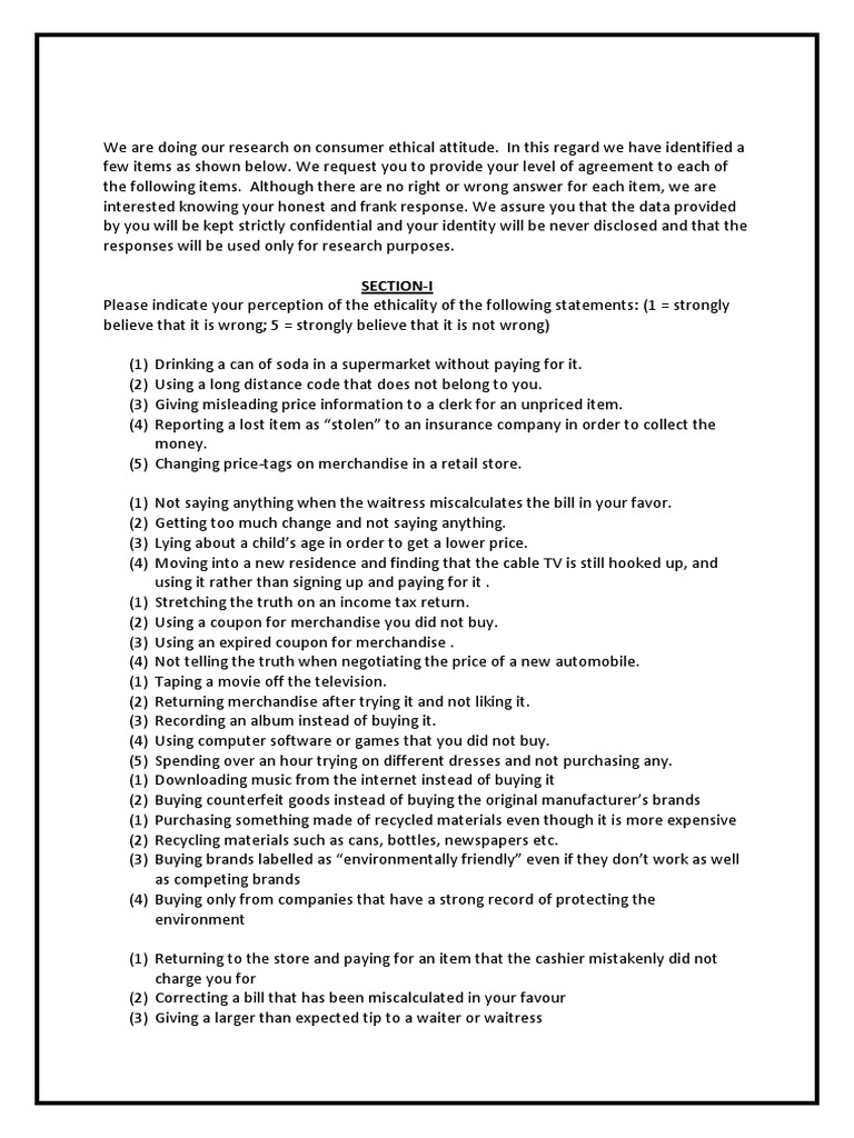 Consumer Ethics Questionnaire | Morality | Social Institutions | Free ...