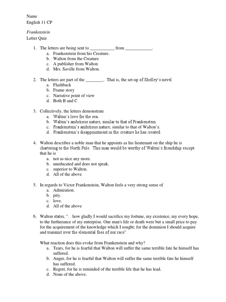 Frankenstein Letters Quiz | PDF | Frankenstein