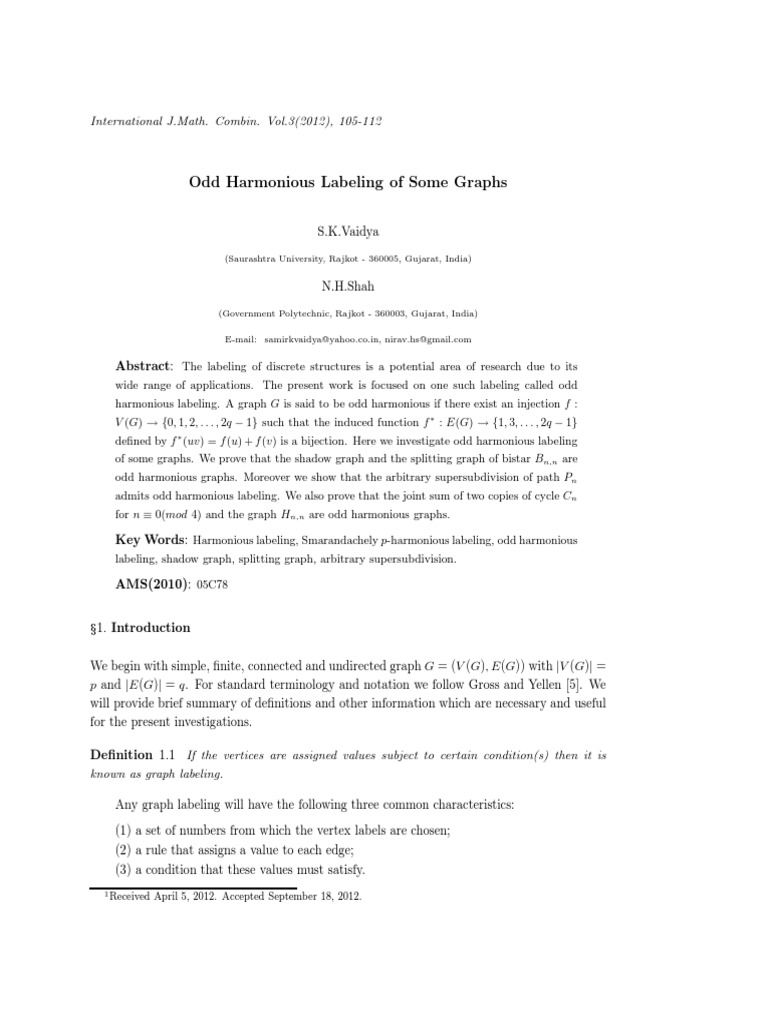 Odd Harmonious Labeling of Some Graphs | PDF | Vertex (Graph Theory ...