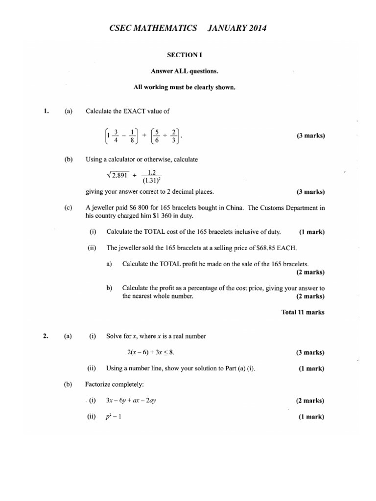 CSEC Mathematics January 2014 | PDF