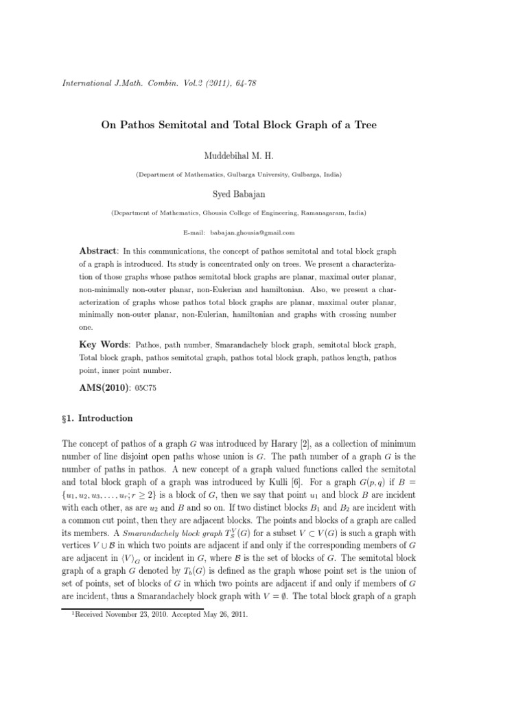 On Pathos Semitotal and Total Block Graph of A Tree | PDF | Visual Cortex | Graph Theory