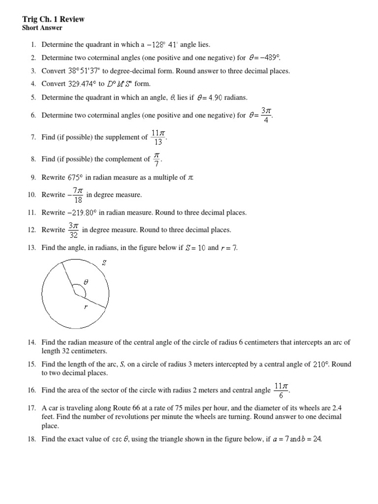 Trigonometry CH 1 Study Guide With Answers | PDF | Angle | Trigonometry