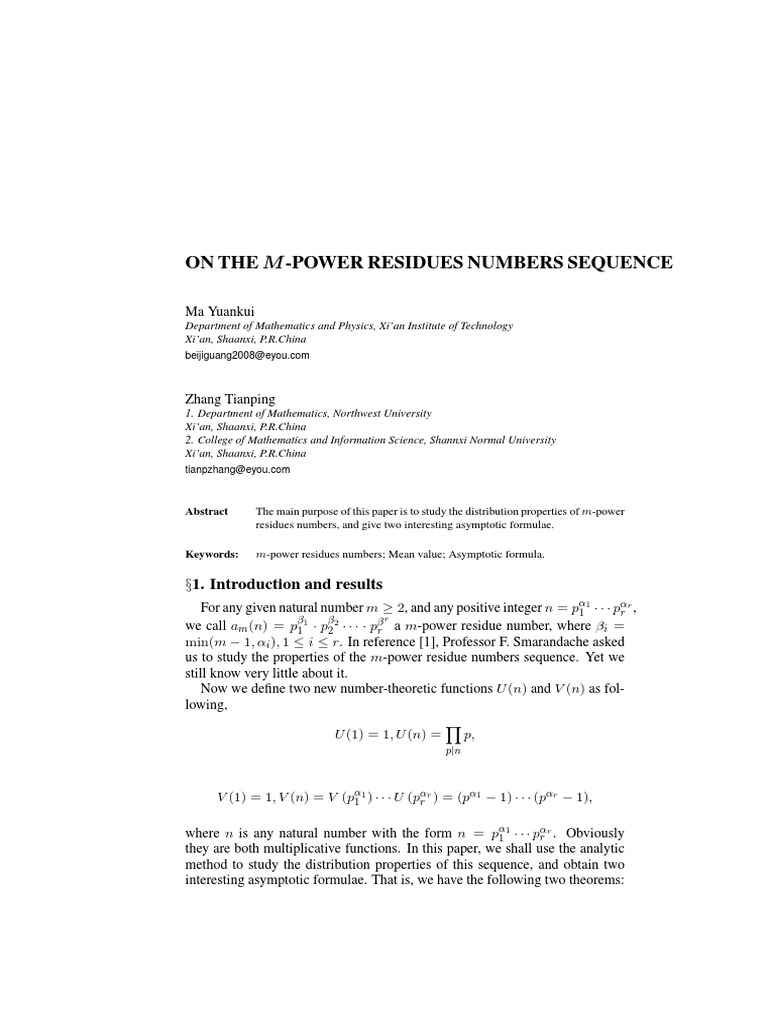 On The M-Power Residues Numbers Sequence | PDF | Real Number | Sequence
