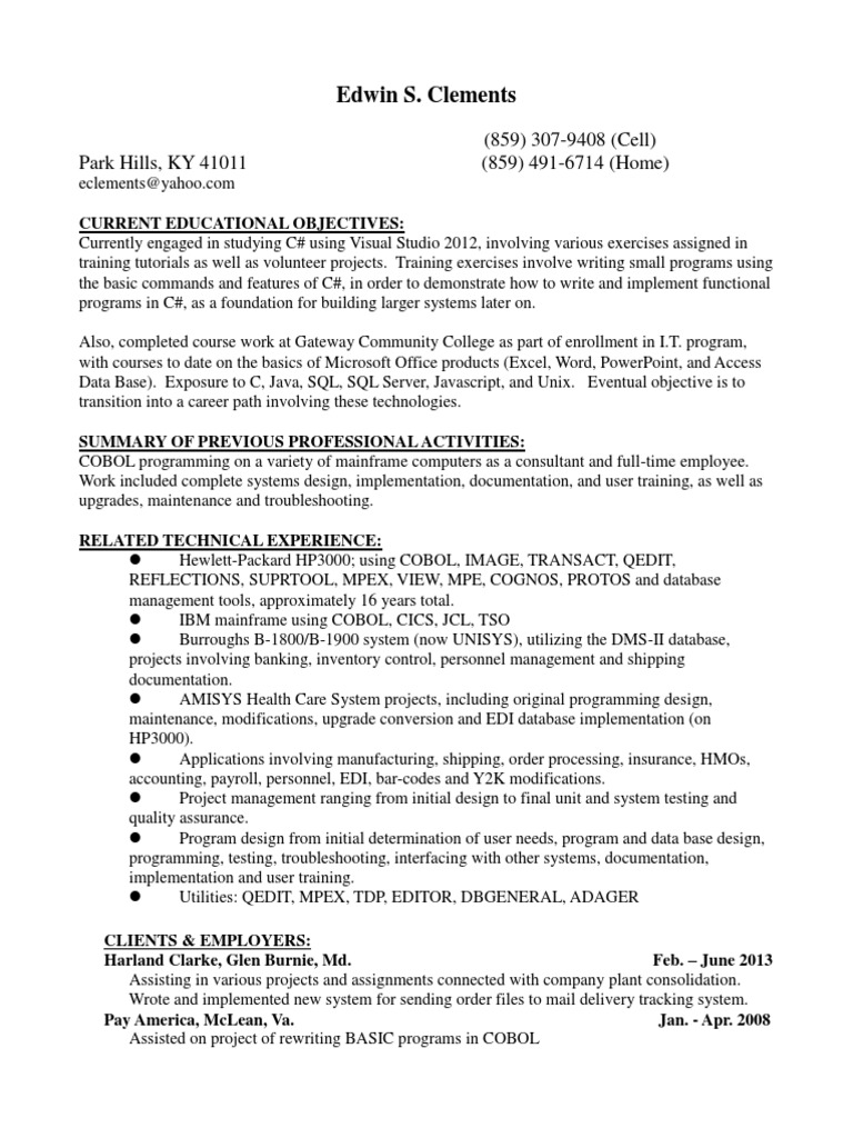 Programmer in Cincinnati OH Resume Edwin Clements | PDF | Mainframe ...