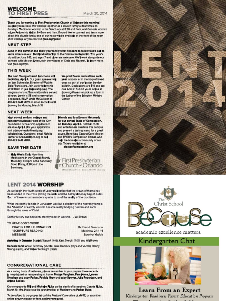 03.30.14 Genesis Bulletin - First Presbyterian Church of Orlando | PDF | Religious Behaviour And ...