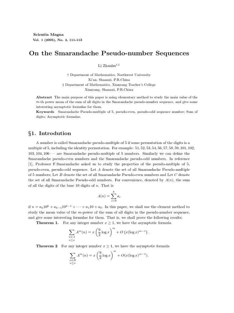 On The Smarandache Pseudo-Number Sequences | PDF | Theorem | Sequence