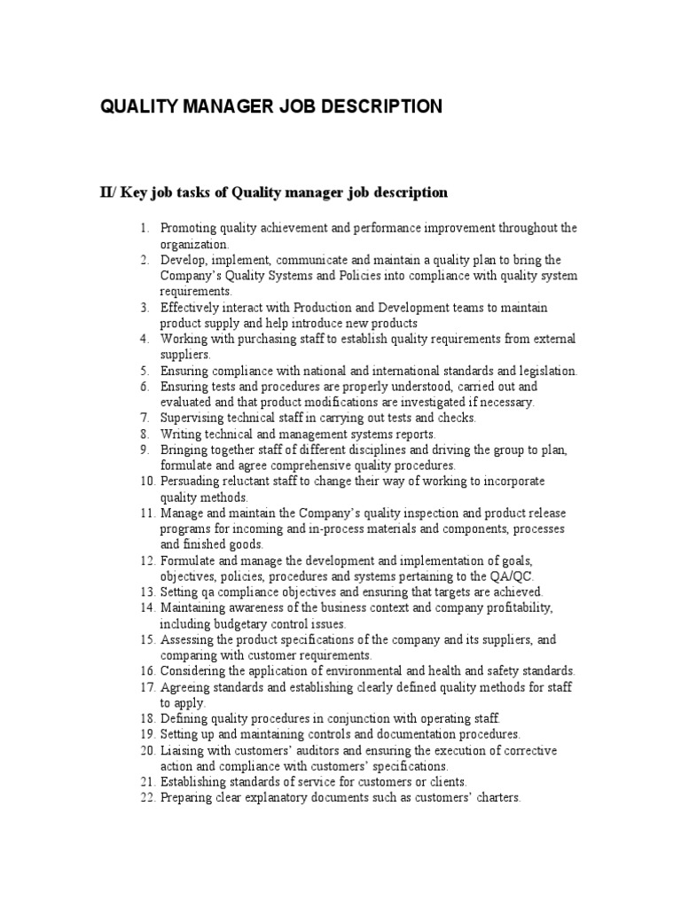 QUALITY MANAGER ROLE | PDF | Quality Assurance | Quality Management System