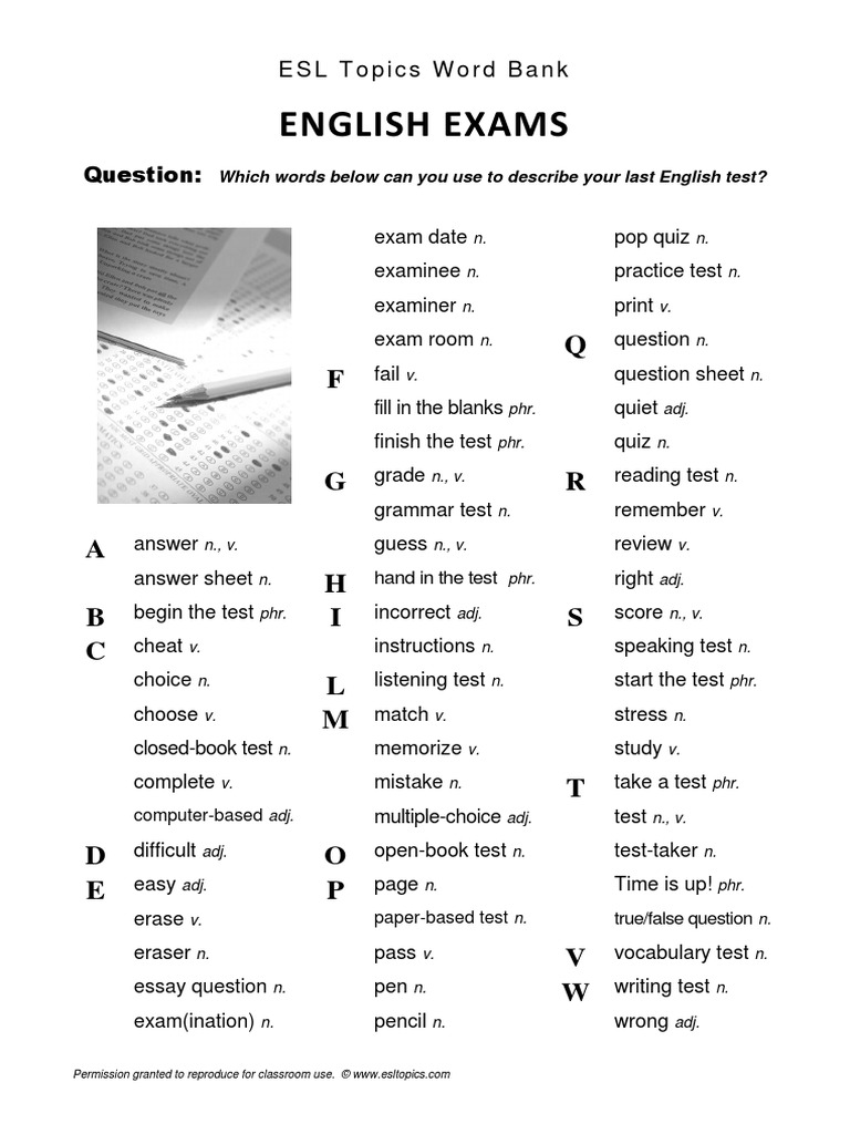 10.4 Esl Topics Word Bank English Exams | PDF
