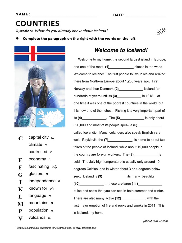 5 Esl Topics Bonus Countries Lesson | PDF | Iceland | Languages