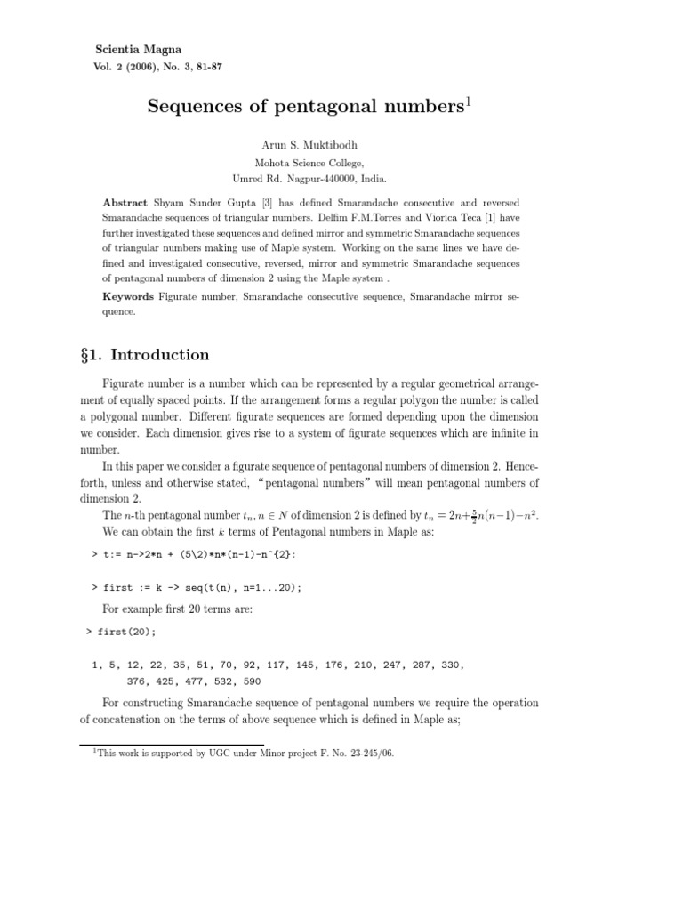 Smarandache Sequences of Pentagonal Numbers | PDF