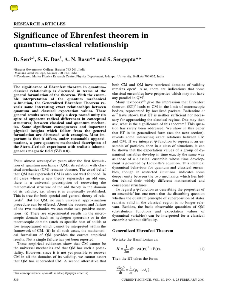 Significance of Ehrenfest Theorem, D Sen, 2001, (6p) | PDF ...