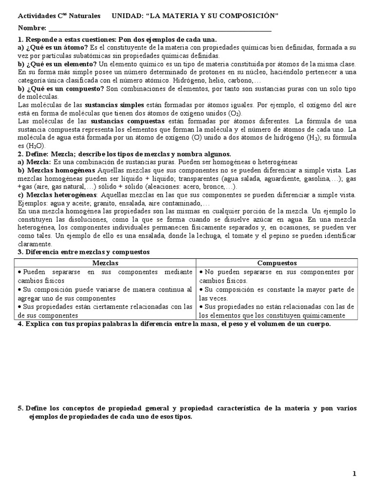 Actividades sobre la materia y sus propiedades | PDF