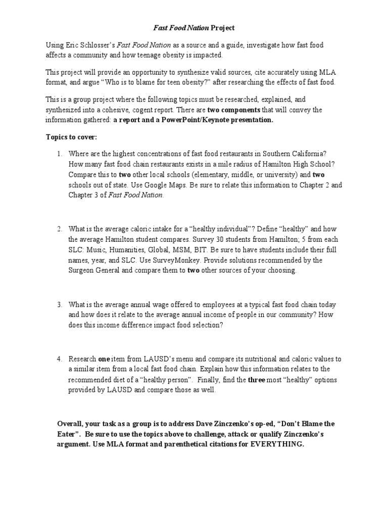 Fast Food Nation Research Project | PDF | Social Science | Self-Improvement
