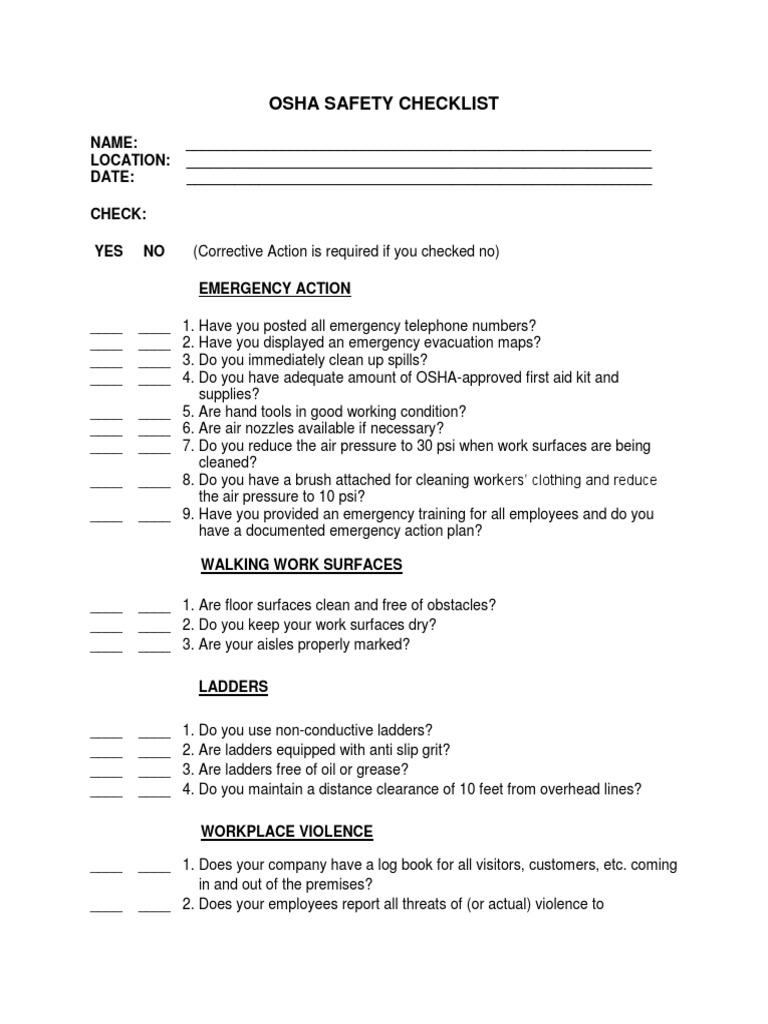 OSHA Safety Checklist | PDF | Personal Protective Equipment | Prevention