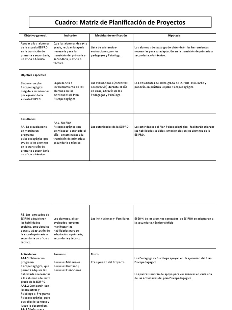 Matriz de Planificacion de Proyectos | Descargar gratis PDF | Educación ...
