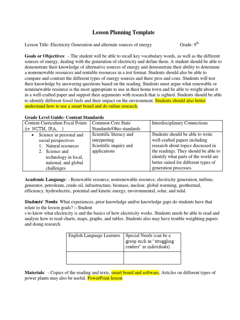 Lesson Planning Template Electricity 3 With Tech 2013 | PDF | Energy ...