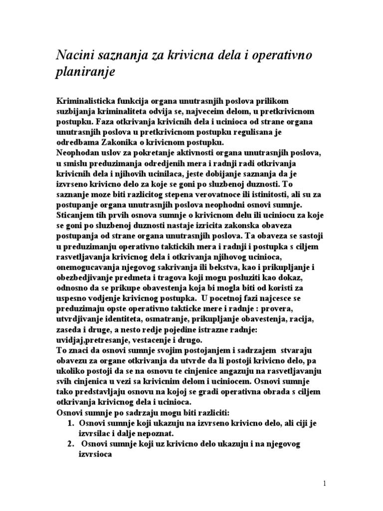 Nacini Saznanja Za Krivicna Dela I Operativno Planiranje | PDF