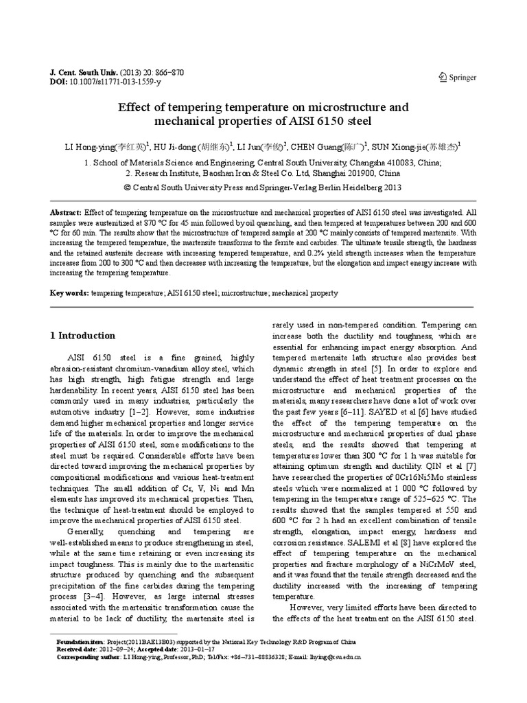 Effect of Tempering Temperature On Microstructure and Mechanical Properties of AISI 6150 Steel ...
