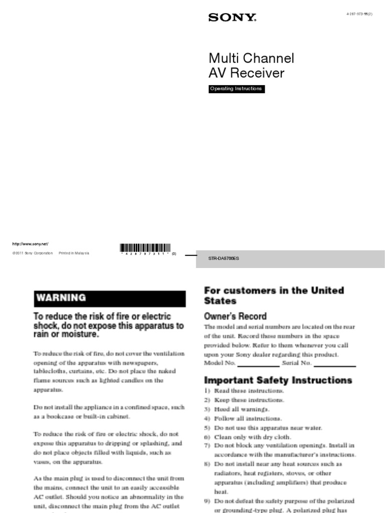 Multi Channel AV Receiver: Operating Instructions | PDF | Hdmi | Cable ...