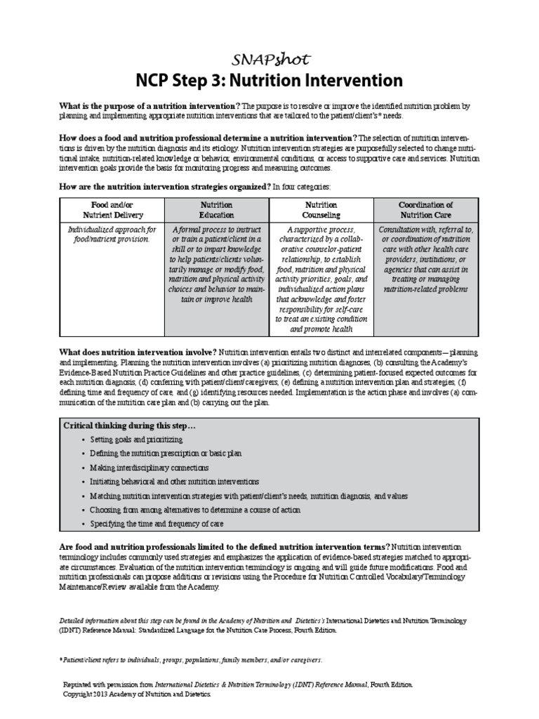 Snapshot NCP Step 3 Nutrition Intervention-1 | PDF | Nutrition | Diet ...