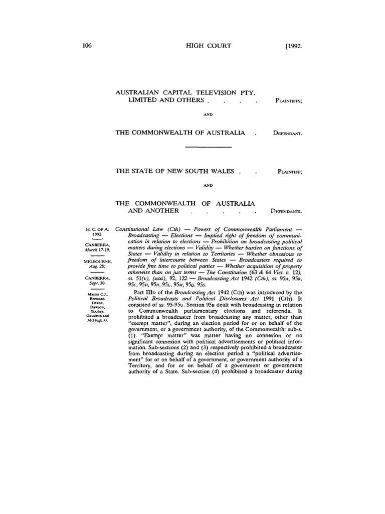 Australian Capital Television V Commonwealth (1992) - 177 - CLR - 106 ...