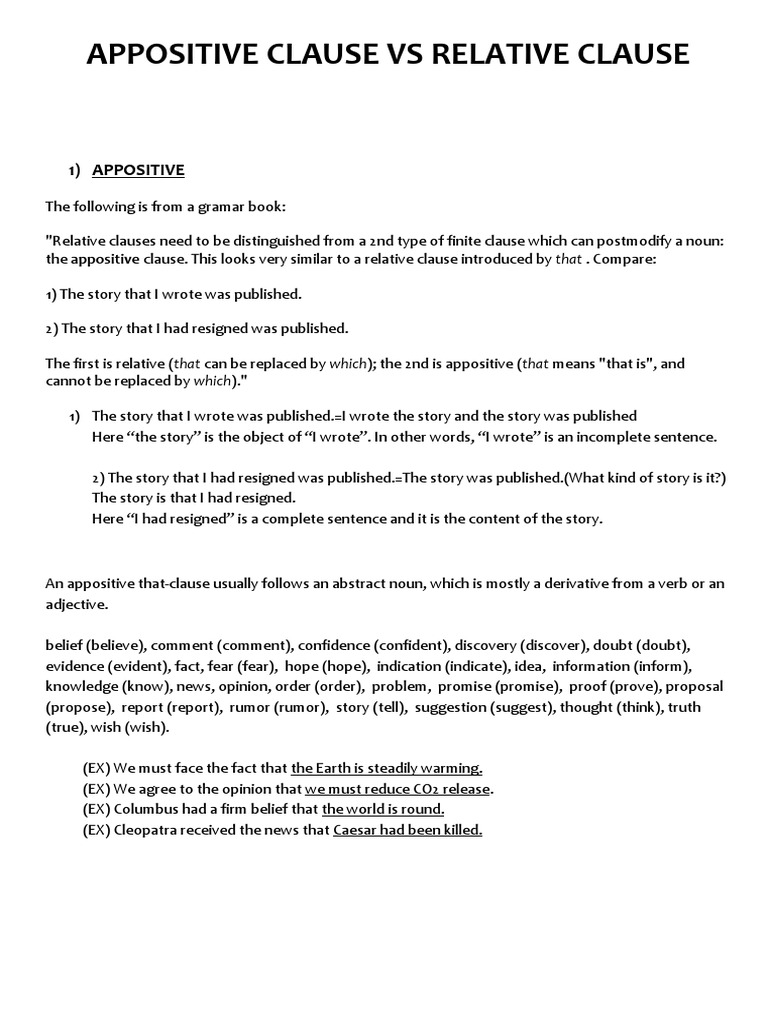 Appositive Clause Vs Relative Clause | PDF | Clause | Noun