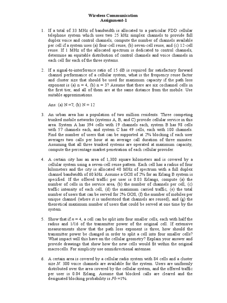 Wireless Communication Assignment-1 | PDF | Cellular Network | Telecommunications