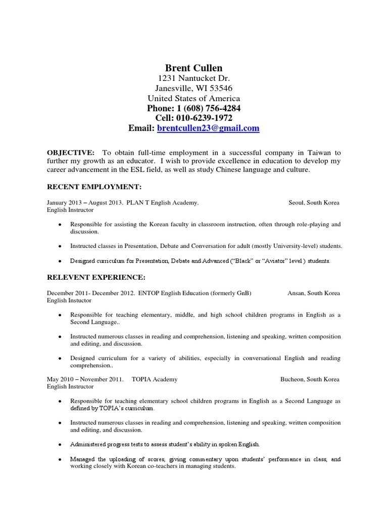 Brent CV Taiwan | PDF | English As A Second Or Foreign Language ...