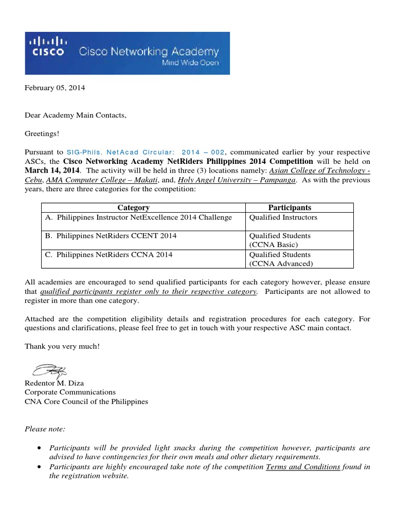 Invitation Letter To ACADEMIES Netriders 2014 | PDF | Cisco Systems ...