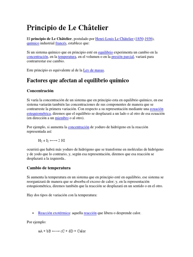 Principio de Le Châtelier | PDF | Equilibrio químico | Reacciones químicas