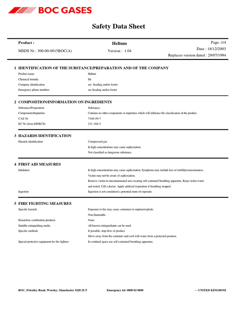 MSDS Helium | PDF | Safety | Chemistry