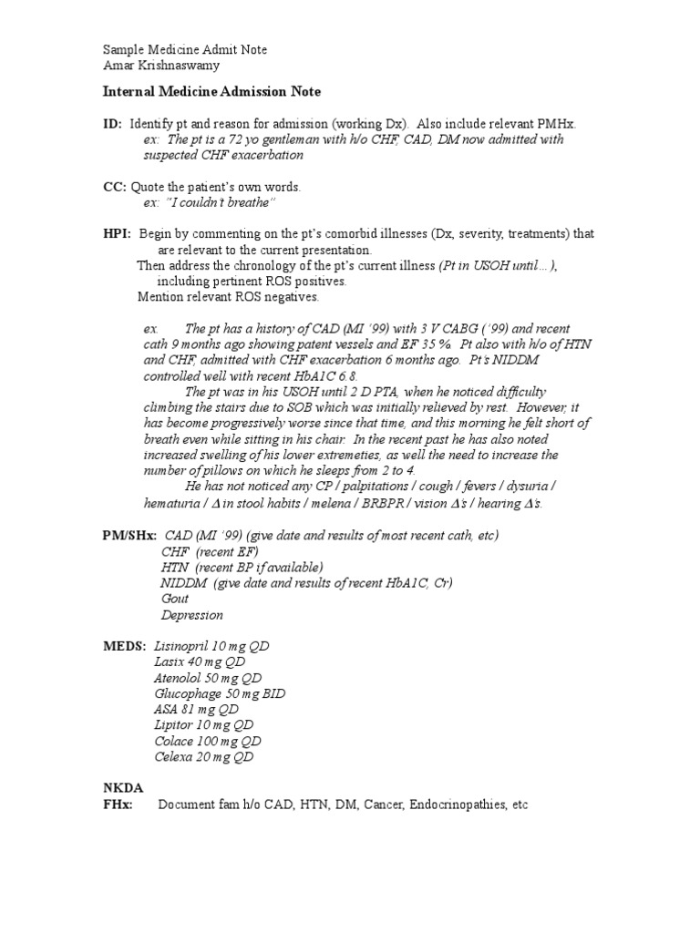Internal Medicine Admission Note Sample | PDF | Heart Failure | Medical ...